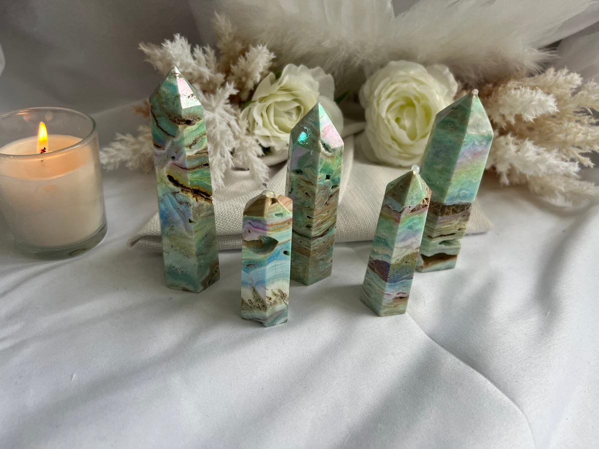 Aura Coated Caribbean Calcite Tower – Earth Elements NZ